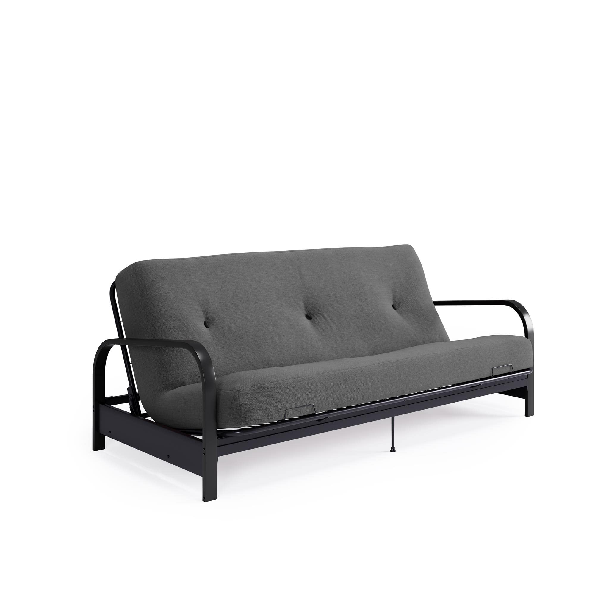 ASQUAN Black Metal Arm Full Size Futon Frame with 6β Gray Mattress