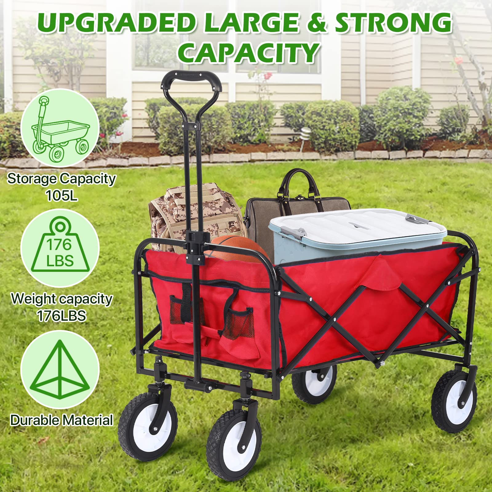 HKLGorg Folding Wagon with Wheels - Heavy Duty Beach & Outdoor Grocery Wagon, Portable & Collapsible Utility Wagon with Handle for Camping, Red
