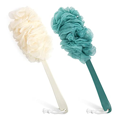 2Pack Back Scrubber for Shower,PIPUHA Loofah Sponge Shower Brush Using Body Exfoliating with Long Handle, Loofah on a Stick for Men Women, Bathing Accessories for Body Brushes (Blue and White)