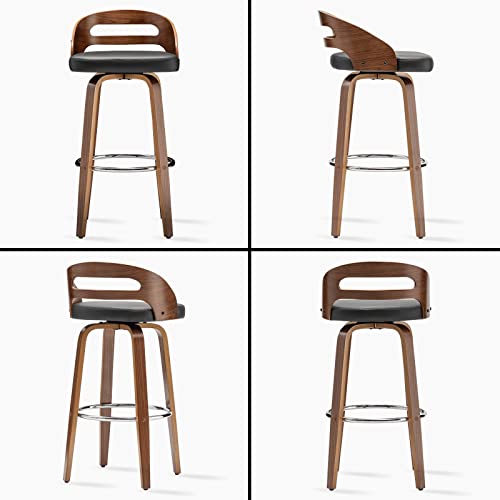 Bar Stools Set of 2, Swivel Bar Height Stools with Walnut Bentwood, Low Back, Upholstered Faux Leather, Soft Cushion Seat, Mid Century Bar Stools for Kitchen/Island/Counter (Black, 25" Seat Height)