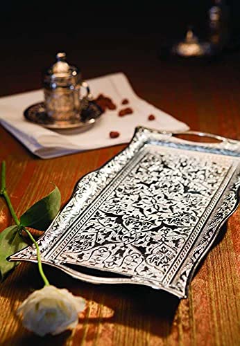 LaModaHome Golden Tea Coffee Serving Tray Set - VIP Special Serving Turkish, Arabic, Moroccan Coffee Tray Silver Plated Decorative Ottoman Serving Tray