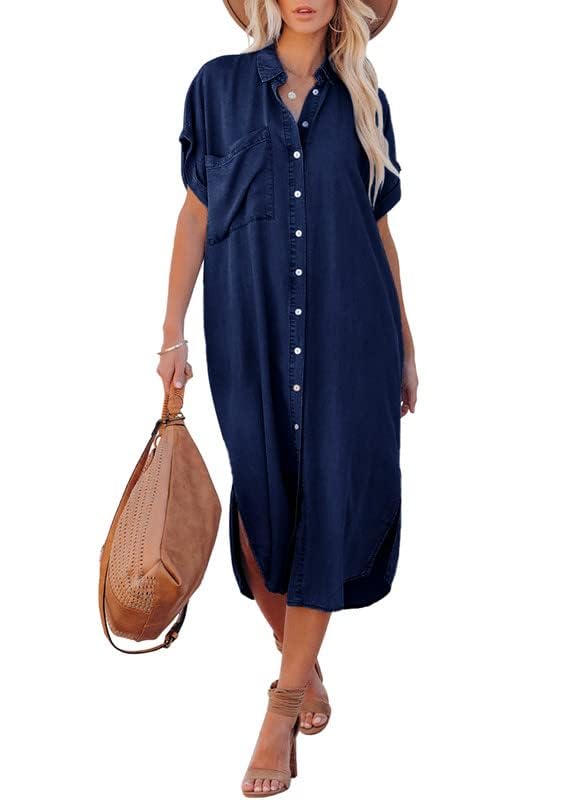 Dokotoo Midi Denim Dress for Women 2024 Button-Down Side Slit Pockets Short Sleeve Solid Color Fashion Spring Summer Dresses Blue X-Large