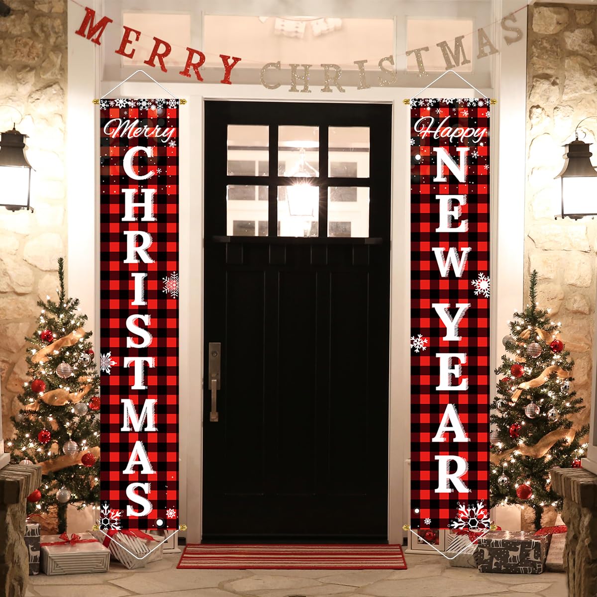 Ivenf Merry Christmas & Happy New Year Decorations, Red Black Buffalo Plaid Banner, 2 Pcs Front Porch Sign Set, Indoor Outdoor Yard Wall Home Decor