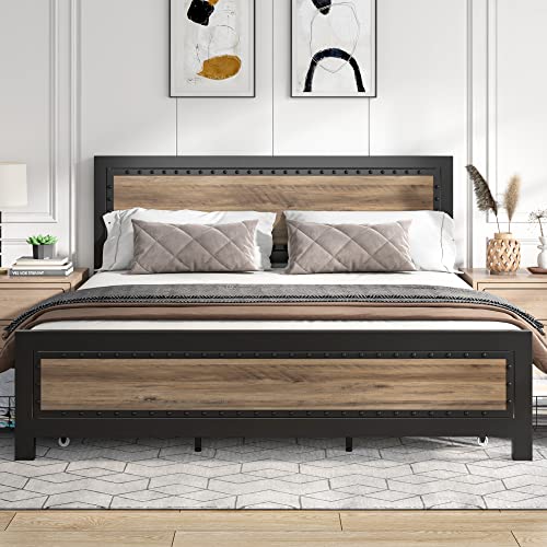 Keyluv Queen Size Bed Frame with 4 Storage Drawers, Rivet Modern Headboard and Footboard Platform Bed with Solid Wood Slats Support, No Box Spring Needed, Metal Frame Mattress Foundation Noise-Free