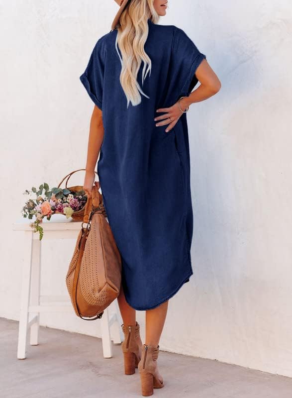 Dokotoo Midi Denim Dress for Women 2024 Button-Down Side Slit Pockets Short Sleeve Solid Color Fashion Spring Summer Dresses Blue X-Large