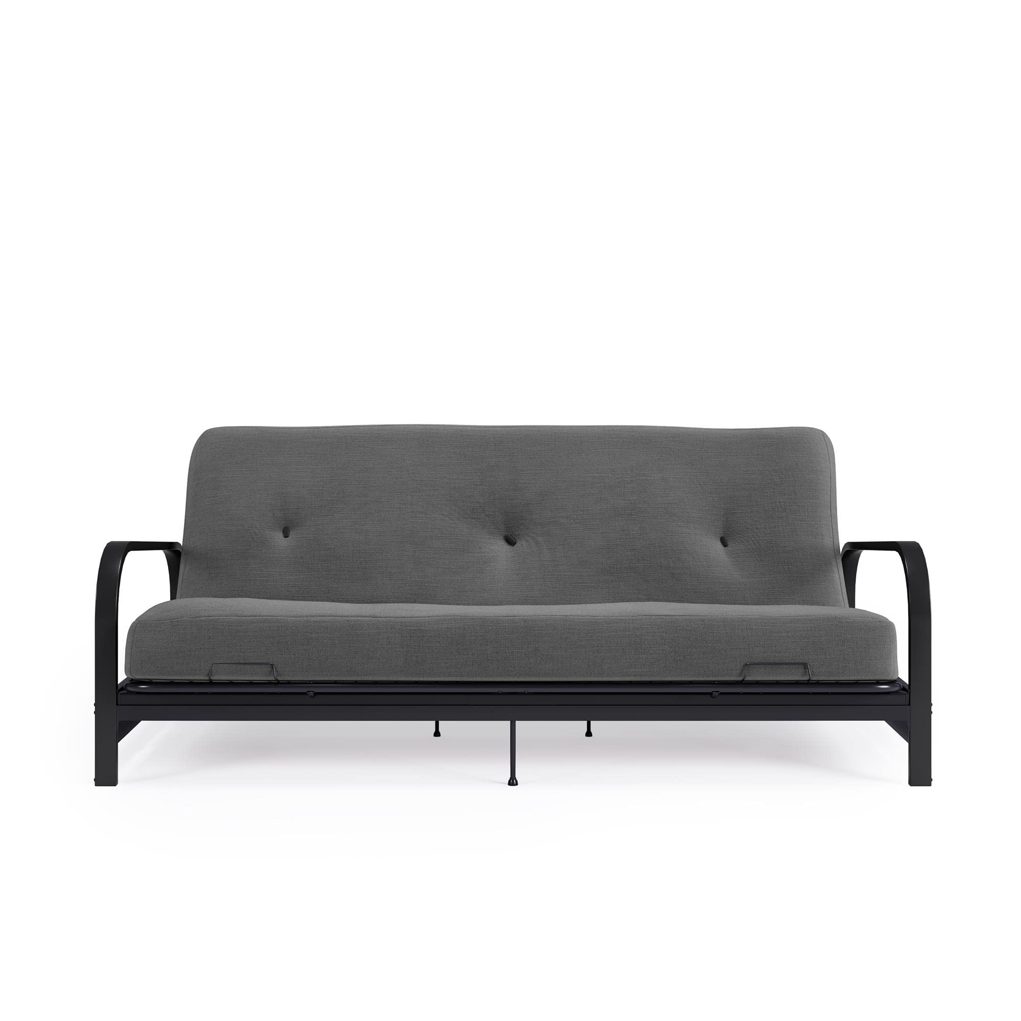 ASQUAN Black Metal Arm Full Size Futon Frame with 6β Gray Mattress