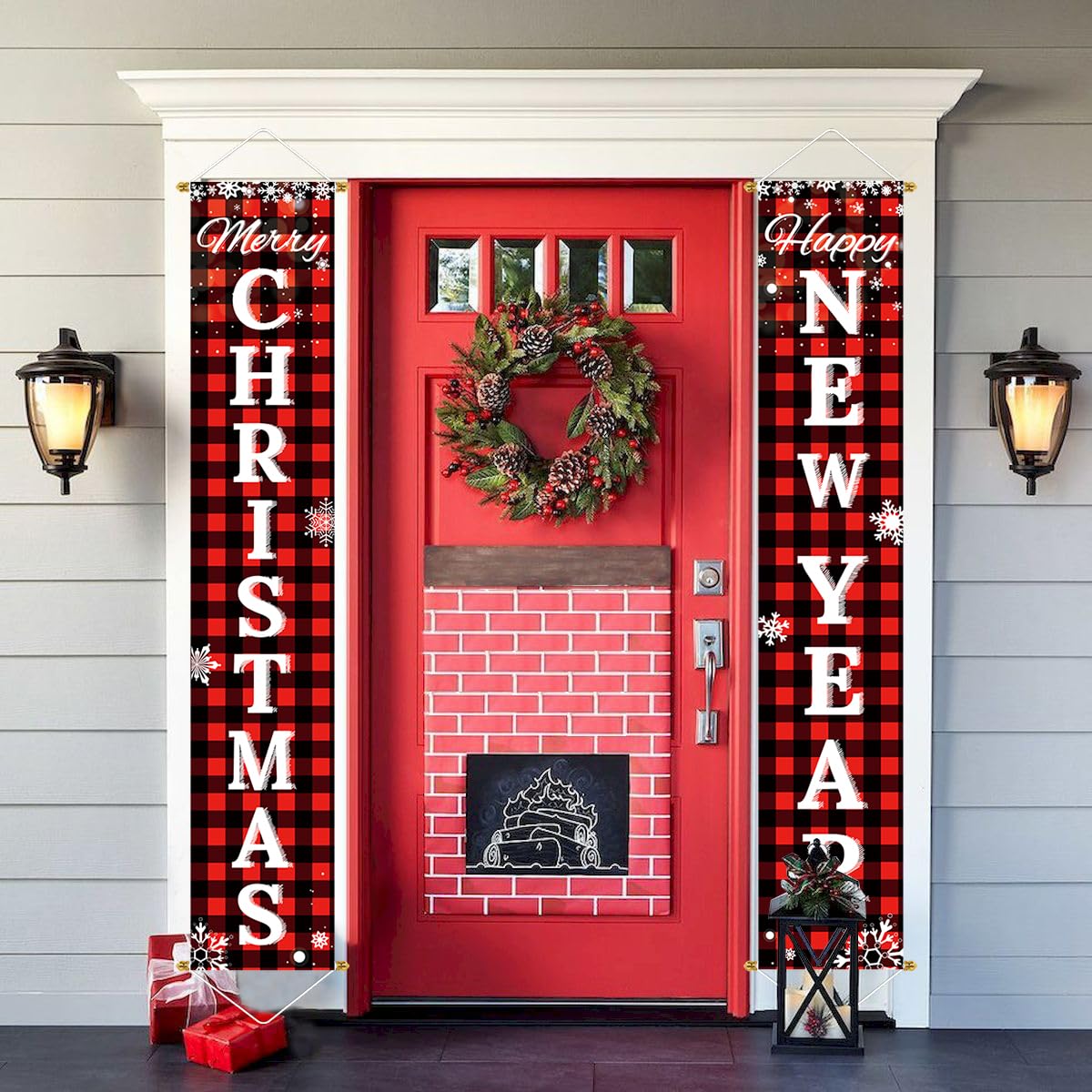 Ivenf Merry Christmas & Happy New Year Decorations, Red Black Buffalo Plaid Banner, 2 Pcs Front Porch Sign Set, Indoor Outdoor Yard Wall Home Decor