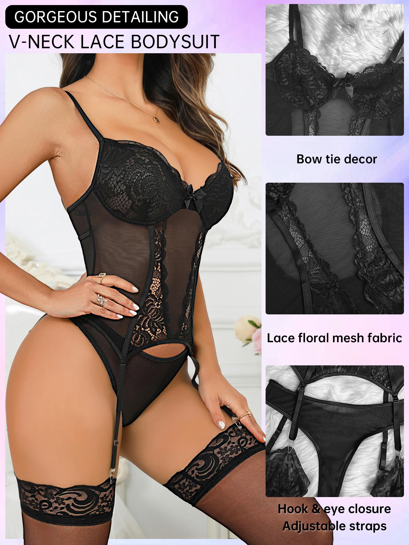Women's Sexy Lingerie Set with Garter Belt Lace Bodysuit Teddy Baby Dolls Panty with Stockings