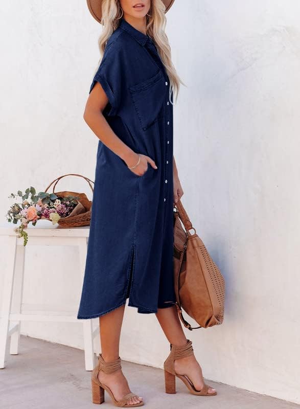 Dokotoo Midi Denim Dress for Women 2024 Button-Down Side Slit Pockets Short Sleeve Solid Color Fashion Spring Summer Dresses Blue X-Large