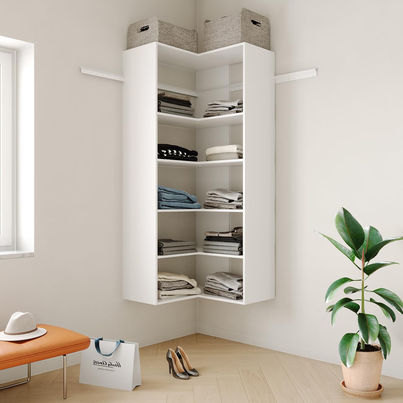 SOLRIG Closet System Corner Storage kit, with Hanging Rod and All Hardware Kits, Adjustable Shelves, Need to be Assembled, Manufactor Wood with White Color for Bedroom and Closet Room.
