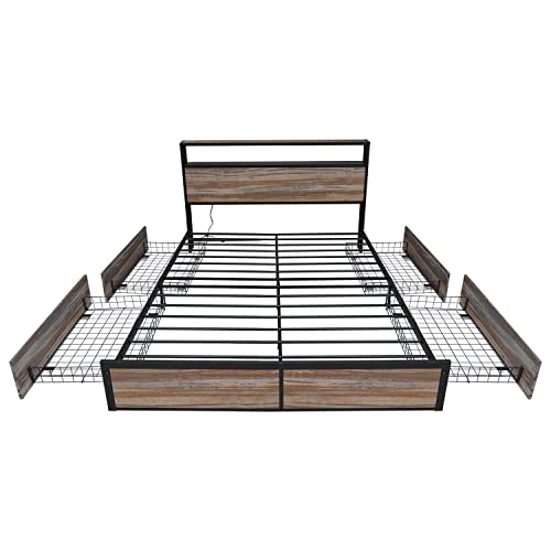 ARTETHYS Queen Led Bed Frame with 4 Storage Drawers, Wood Bed Frame with 2-Tires Storage Headboard and Charging Station, Metal Platform Bed with 2 Free Storage Bags, Noise-Free, No Box Spring Needed