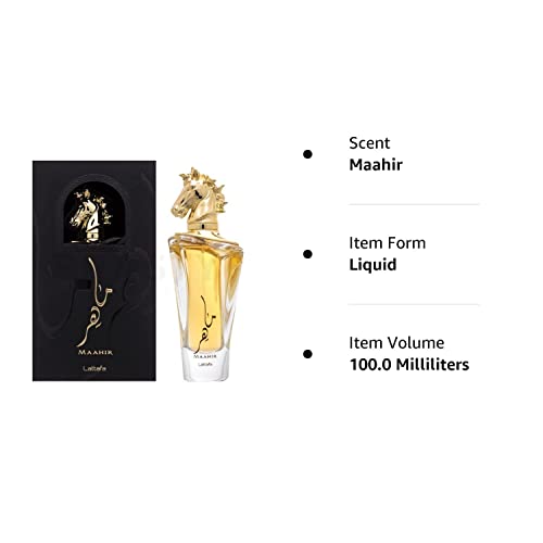 Lattafa Perfumes Maahir Eau de Parfum - EDP 100ML(3.4 oz) I Bold and Rich Oud Fragrance I Sandalwood, Musk and Vanilla Notes I Signature Arabian Perfumery I