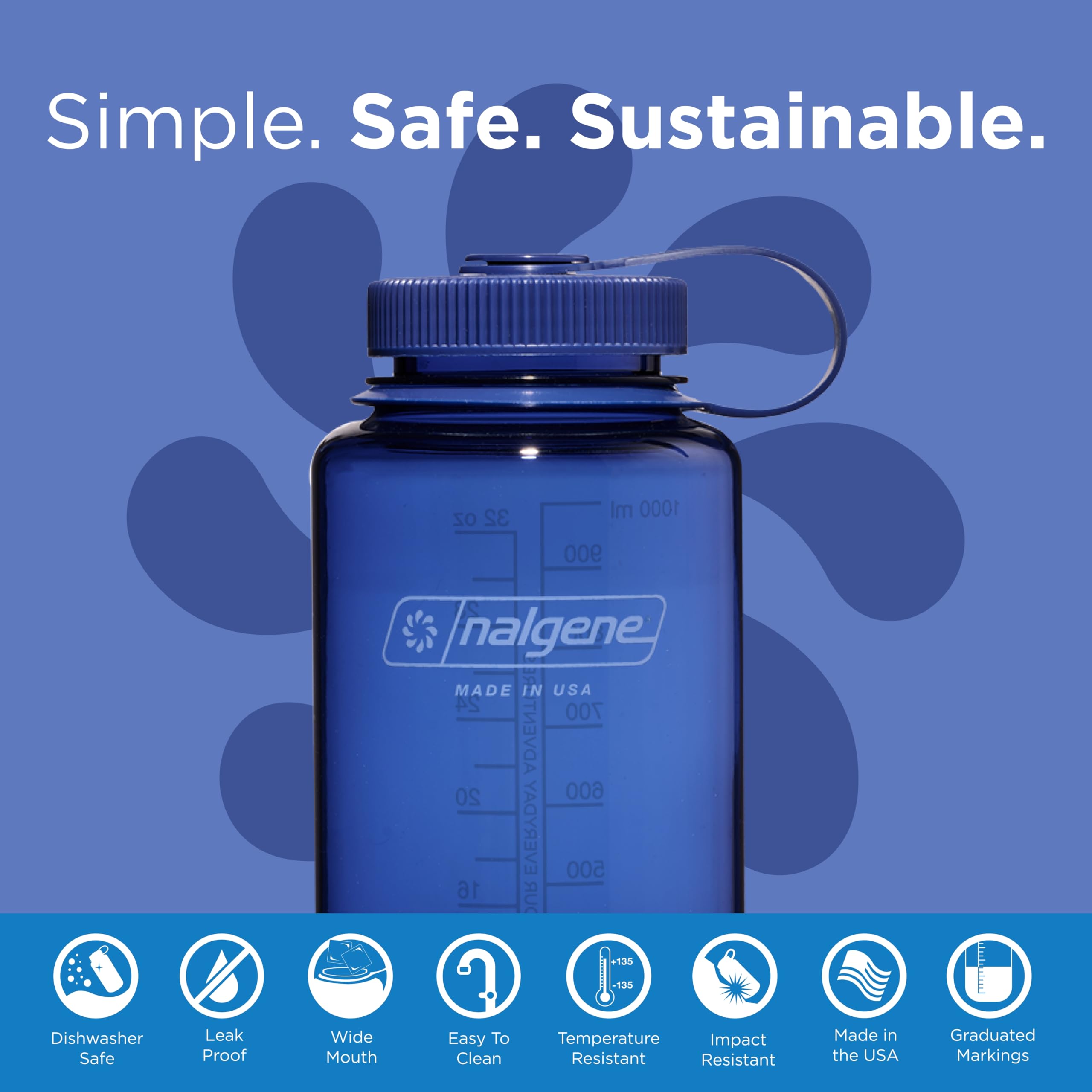 Nalgene Water Bottle Monochrome Collection - BPA Free Water Bottle Made from Recycled Materials - Reusable Water Bottle for Backpacking, Hiking, Gym - Shatterproof Water Bottle - 32 oz - Denim