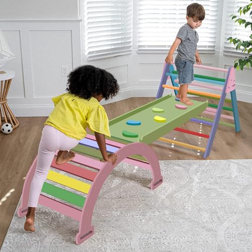 Avenlur Hazel 5-in-1 Indoor Climbing Gym - Waldorf and Montessori Climbing Set with Triangle Ladder, Climbing Ramp, Arch Climber, Rocker, and Slide - Montessori Toys for Children 18mo to 7yr (Rainbow)