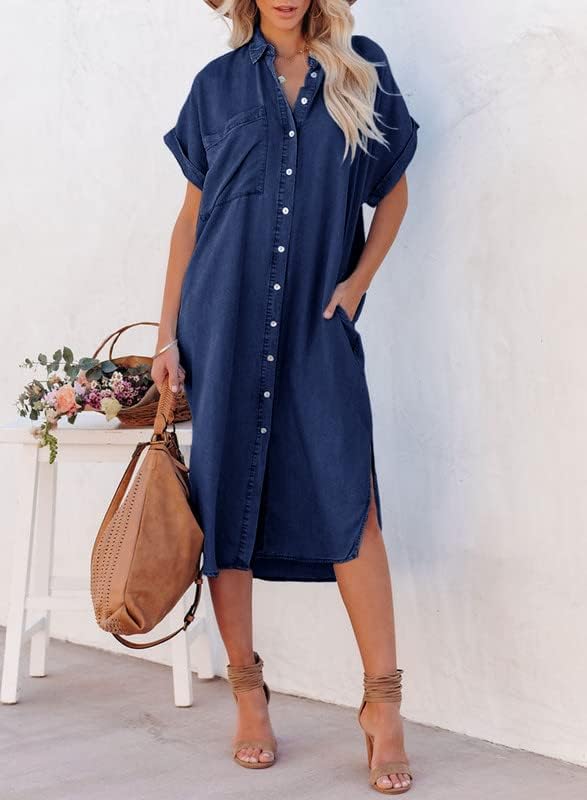 Dokotoo Midi Denim Dress for Women 2024 Button-Down Side Slit Pockets Short Sleeve Solid Color Fashion Spring Summer Dresses Blue X-Large