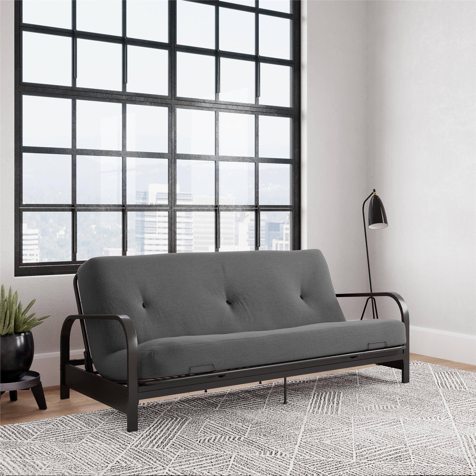 ASQUAN Black Metal Arm Full Size Futon Frame with 6” Gray Mattress