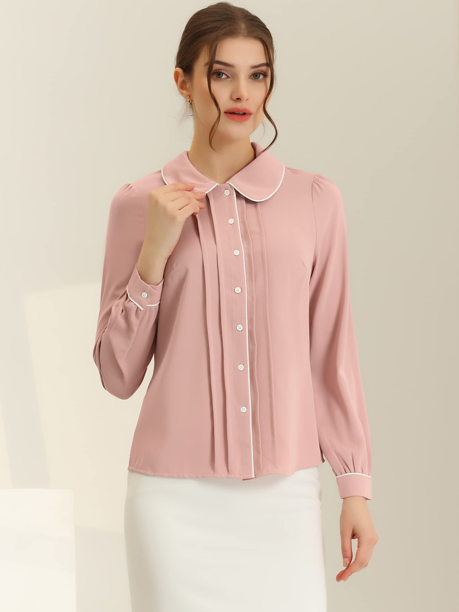Allegra K Women's Peter Pan Collar Shirt Long Sleeve Elegant Button Down Work Blouse Medium Pink