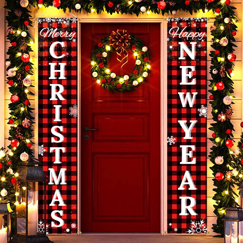 Ivenf Merry Christmas & Happy New Year Decorations, Red Black Buffalo Plaid Banner, 2 Pcs Front Porch Sign Set, Indoor Outdoor Yard Wall Home Decor