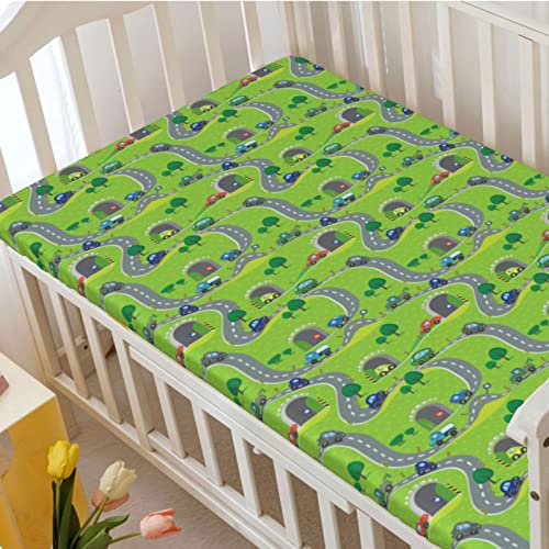 Car Race Track Themed Fitted Crib Sheet,Standard Crib Mattress Fitted Sheet Ultra Soft Material-Baby Sheet for Boys Girls, 28β x52β,Multicolor