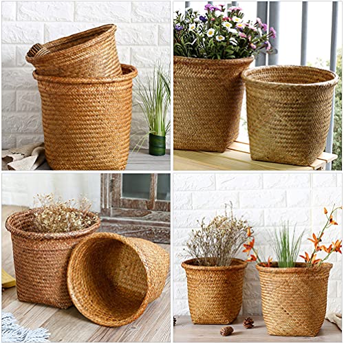 Toyvian 1Pc Straw Woven Storage Basket, Round Rattan Waste Basket Decorative Round Trash can for Bedroom Desktop Coffee (28cm)