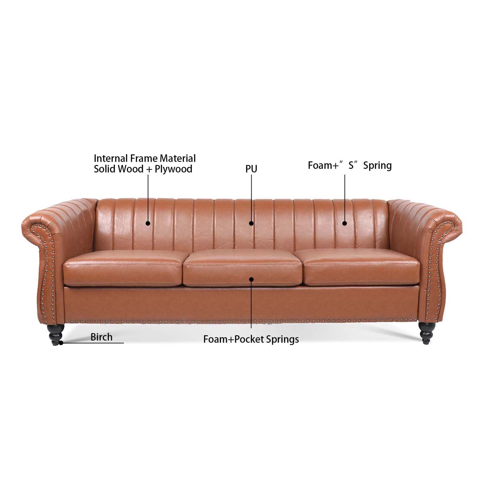 TMEOSK 84" PU Leather Sofa Couch, Mid-Century Modern Chesterfield Three Seater Sofa, Loveseat Sofa with Rolled Arm for Living Room, Dorm, Office (Brown)