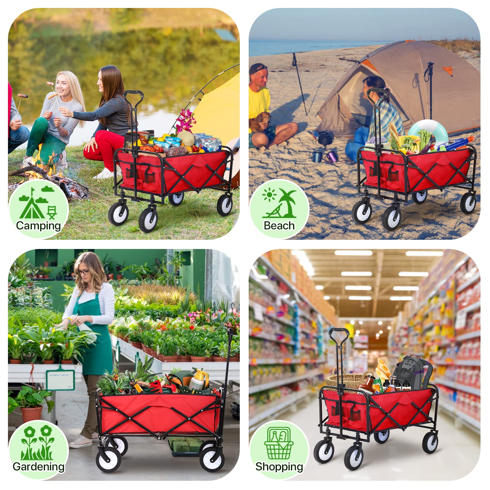 HKLGorg Folding Wagon with Wheels - Heavy Duty Beach & Outdoor Grocery Wagon, Portable & Collapsible Utility Wagon with Handle for Camping, Red
