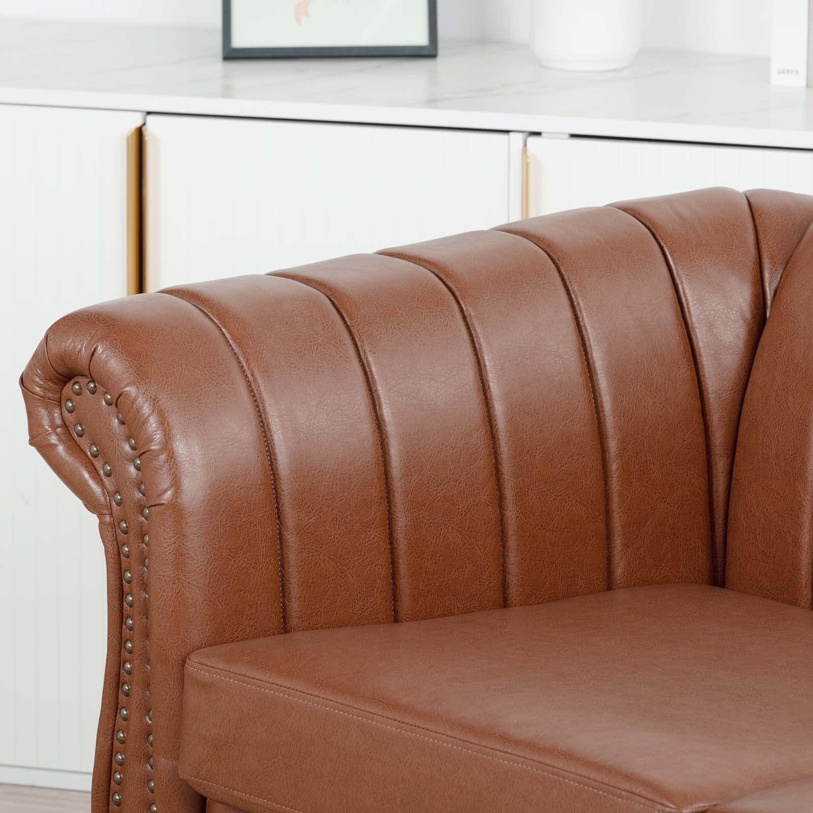 TMEOSK 84" PU Leather Sofa Couch, Mid-Century Modern Chesterfield Three Seater Sofa, Loveseat Sofa with Rolled Arm for Living Room, Dorm, Office (Brown)