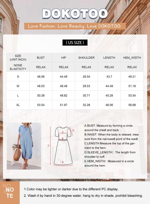 Dokotoo Midi Denim Dress for Women 2024 Button-Down Side Slit Pockets Short Sleeve Solid Color Fashion Spring Summer Dresses Blue X-Large