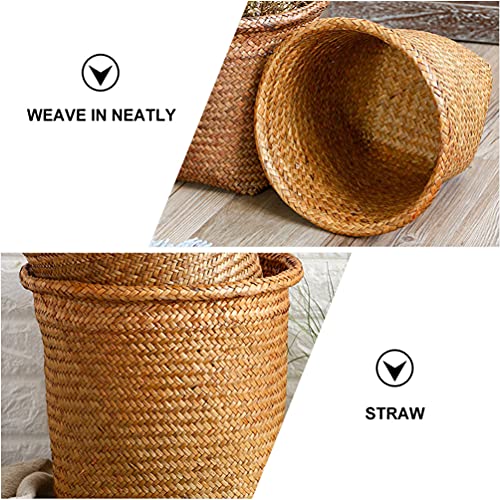 Toyvian 1Pc Straw Woven Storage Basket, Round Rattan Waste Basket Decorative Round Trash can for Bedroom Desktop Coffee (28cm)