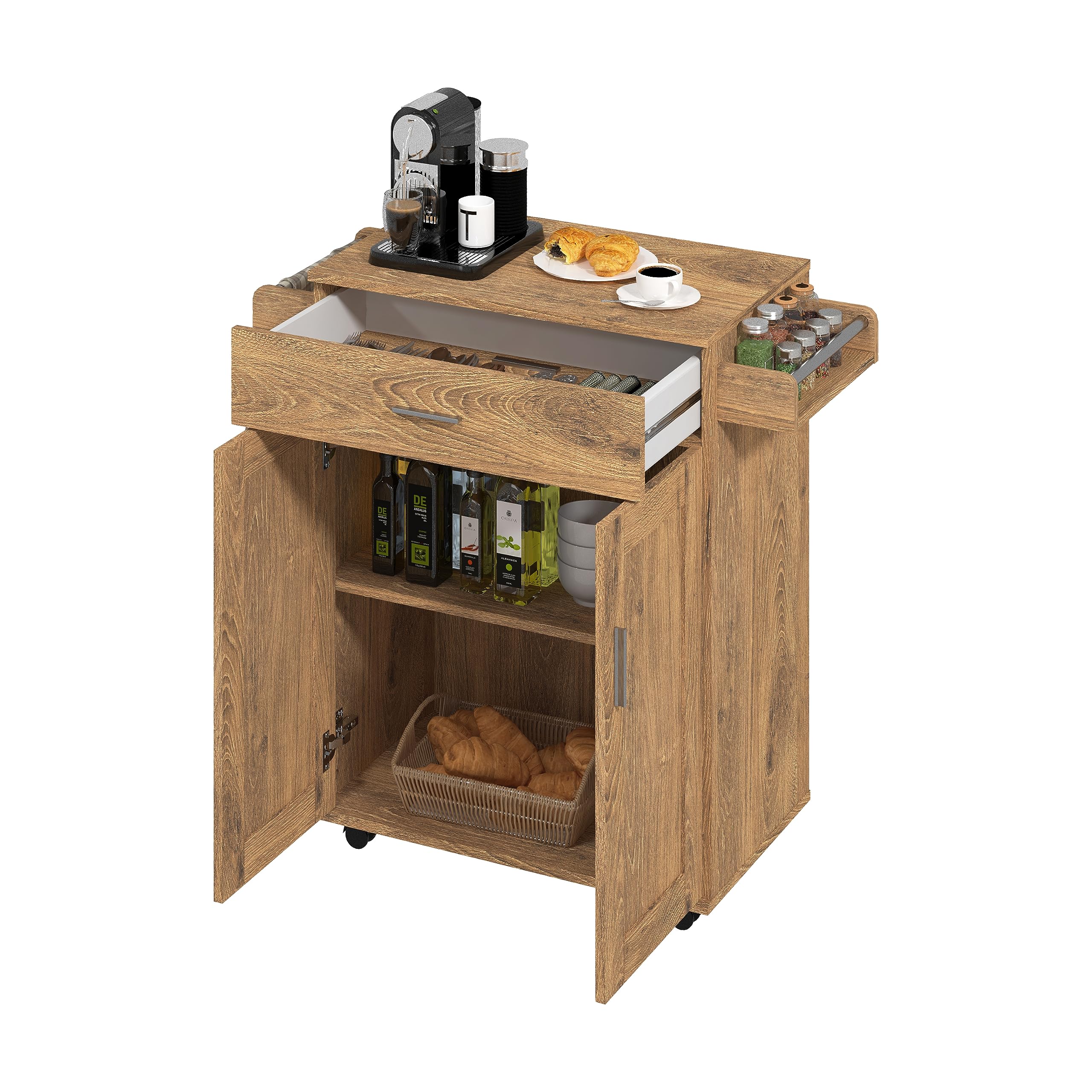 Panana Rolling Kitchen Island, Kitchen Trolley Cart with Spice Rack, Large Drawer, Towel Rack, Storage Pantry Cabinet, Kitchen Cart on Roller Wheels, Dining Room Furniture, Walnut