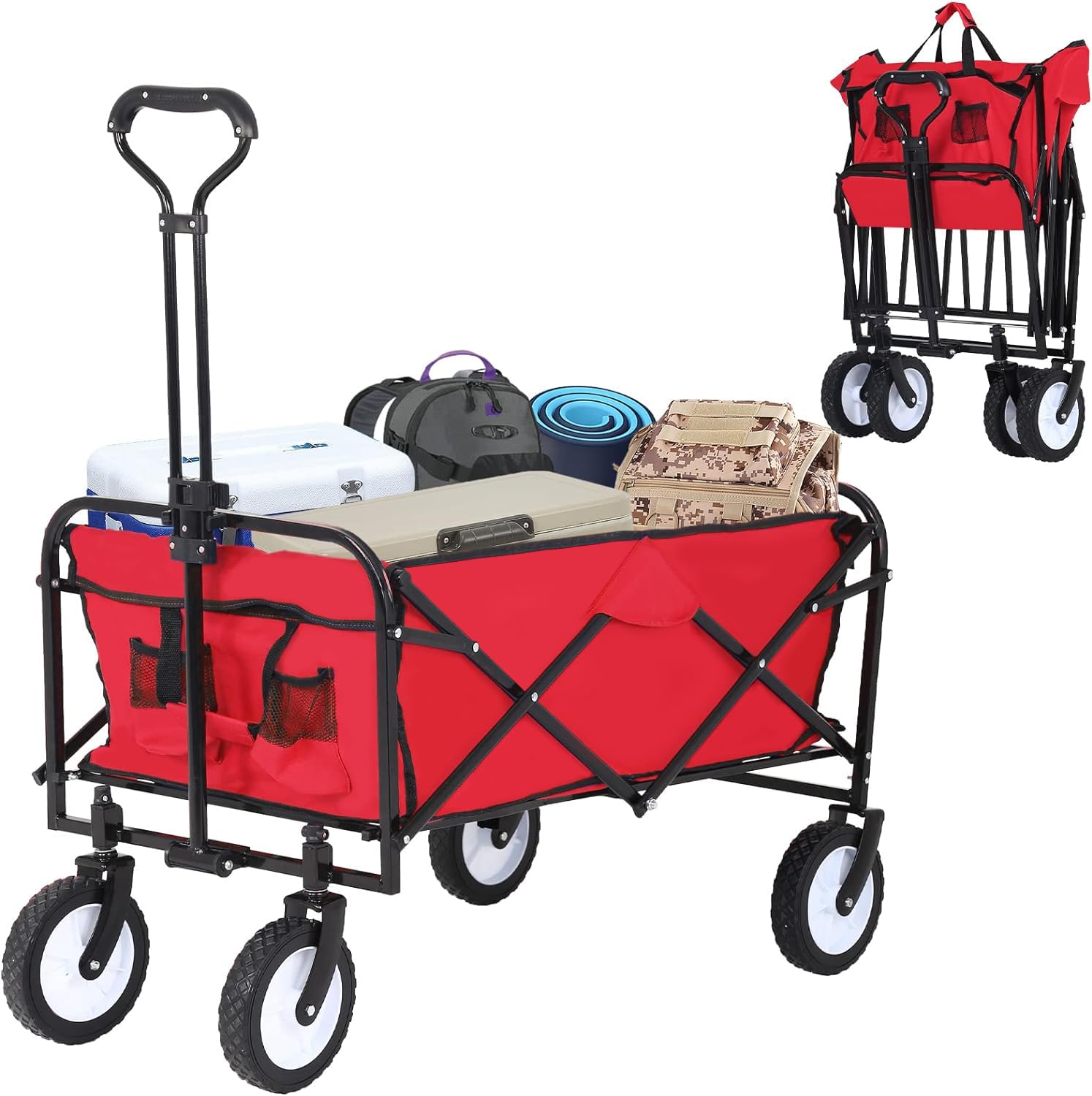 HKLGorg Folding Wagon with Wheels - Heavy Duty Beach & Outdoor Grocery Wagon, Portable & Collapsible Utility Wagon with Handle for Camping, Red