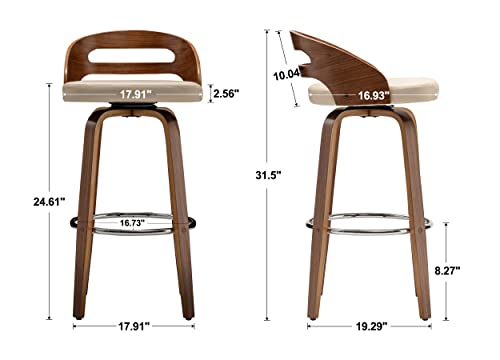 Bar Stools Set of 2, Swivel Bar Height Stools with Walnut Bentwood, Low Back, Upholstered Faux Leather, Soft Cushion Seat, Mid Century Bar Stools for Kitchen/Island/Counter (Beige, 25" Seat Height)