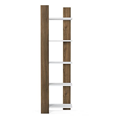 Corner Bookshelf 5 Tier Wooden Bookcase Storage Shelves Modern Living Room Decor Display Rack for Home Office Bedroom Bathroom, 63 inch, Reeta, Walnut&White