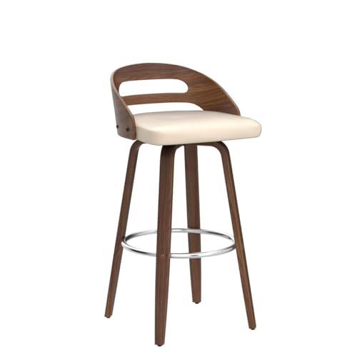 Bar Stools Set of 2, Swivel Bar Height Stools with Walnut Bentwood, Low Back, Upholstered Faux Leather, Soft Cushion Seat, Mid Century Bar Stools for Kitchen/Island/Counter (Beige, 25" Seat Height)