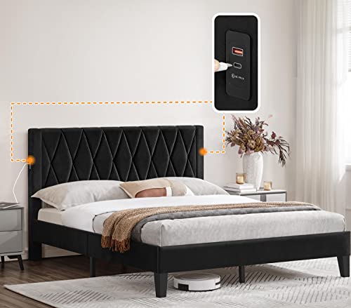 Yaheetech Queen Size Upholstered Bed Frame with Headboard and 2 USB Charging Stations/Ports for Type A & Type C, Velvet Platform Bed Frame with Mattress Foundation and Wood Slat Support, Black