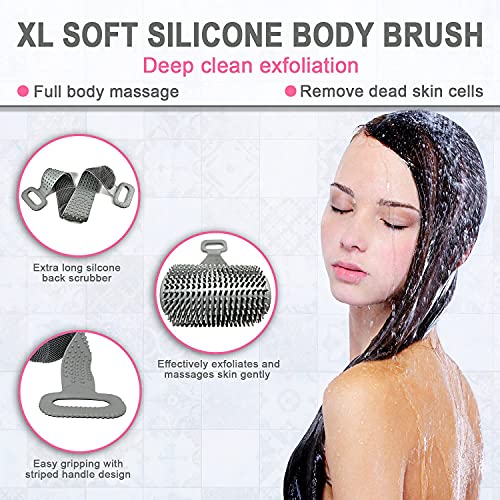 35.5"/90cm Silicone Back Scrubber for Shower Extra Long Double Sided Body Brush and Massage for Men and Women Fast Drying Travel Ready (Grey)