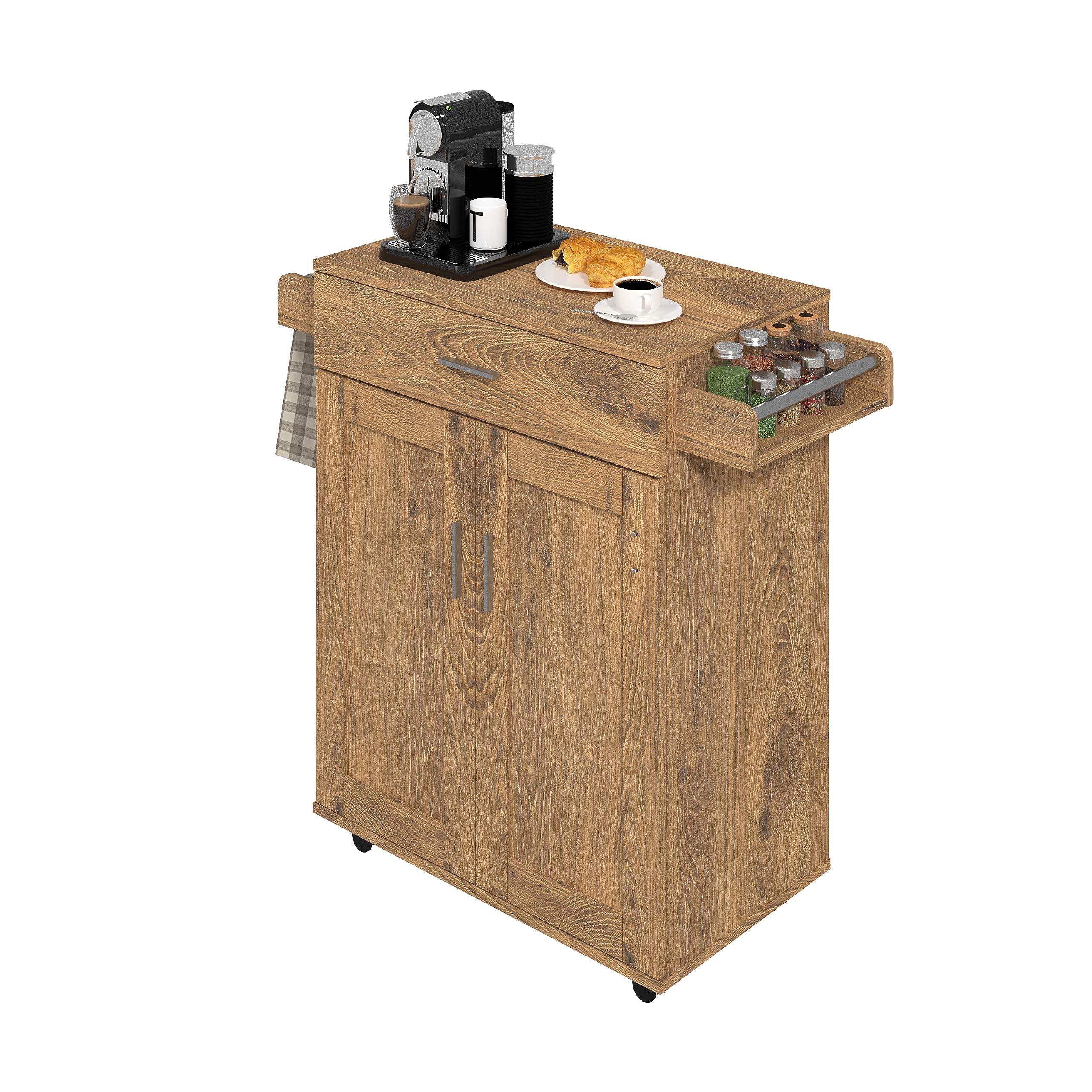 Panana Rolling Kitchen Island, Kitchen Trolley Cart with Spice Rack, Large Drawer, Towel Rack, Storage Pantry Cabinet, Kitchen Cart on Roller Wheels, Dining Room Furniture, Walnut