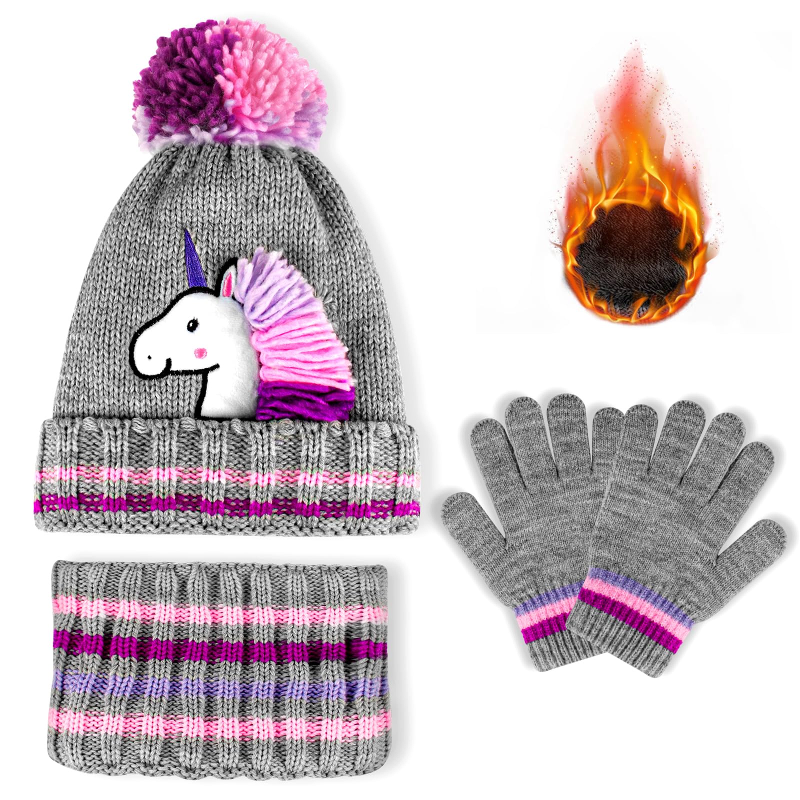 Hicdaw 2Pcs Kids Winter Hat and Scarf Set Winter Hats for Kids Toddler Beanie Hat Fleece Lined Scarf for Boys Girls 2-8 Years