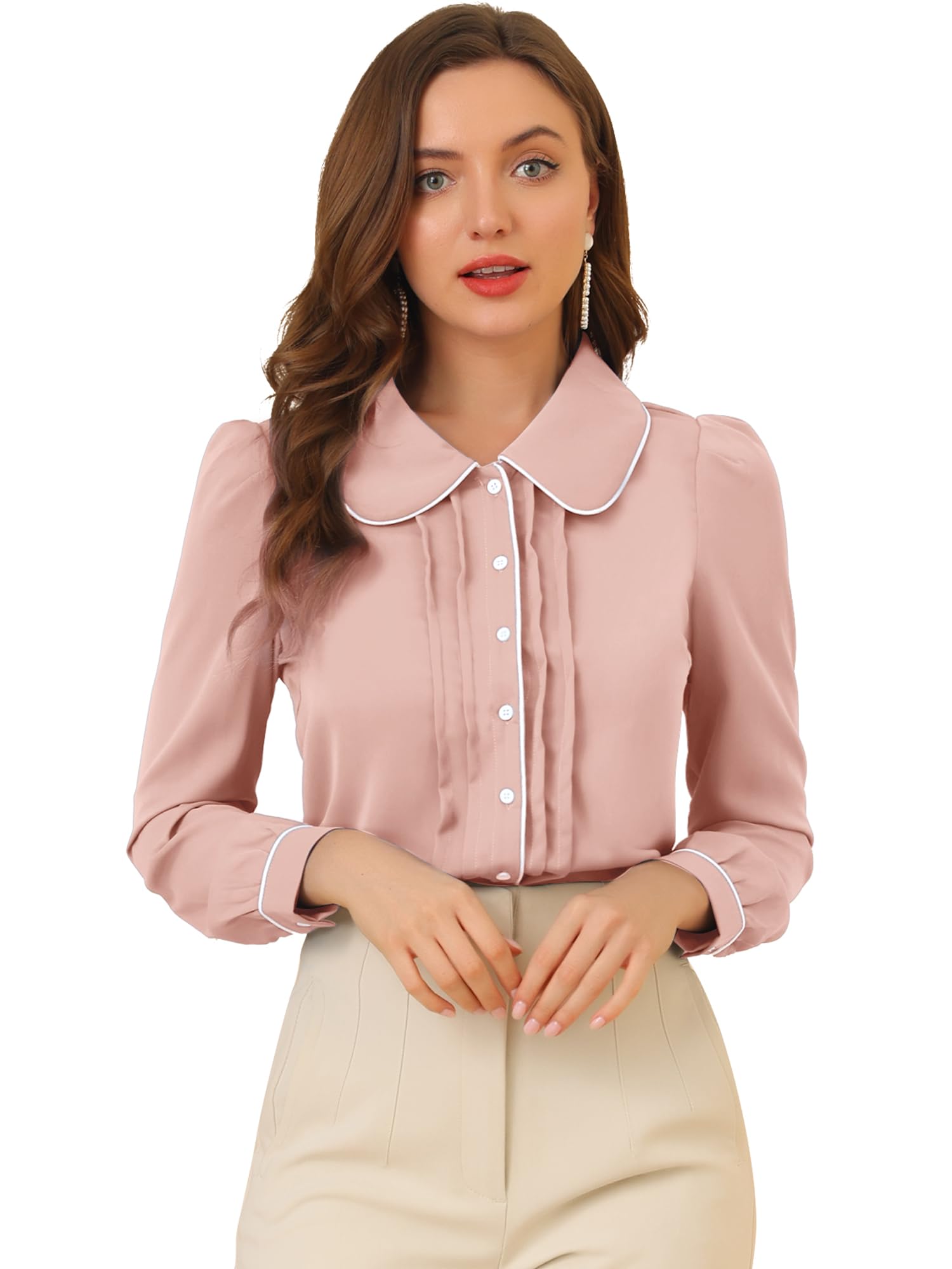 Allegra K Women's Peter Pan Collar Shirt Long Sleeve Elegant Button Down Work Blouse Medium Pink