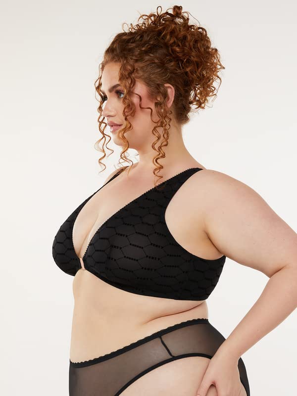 Savage X, Women's, Flocked Logo Bralette, All Gender, Unlined, Rose Gold-Tone Front Closure, Mesh, Wireless, Black Caviar, 3X