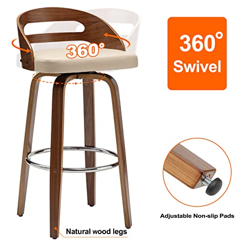 Bar Stools Set of 2, Swivel Bar Height Stools with Walnut Bentwood, Low Back, Upholstered Faux Leather, Soft Cushion Seat, Mid Century Bar Stools for Kitchen/Island/Counter (Beige, 25" Seat Height)