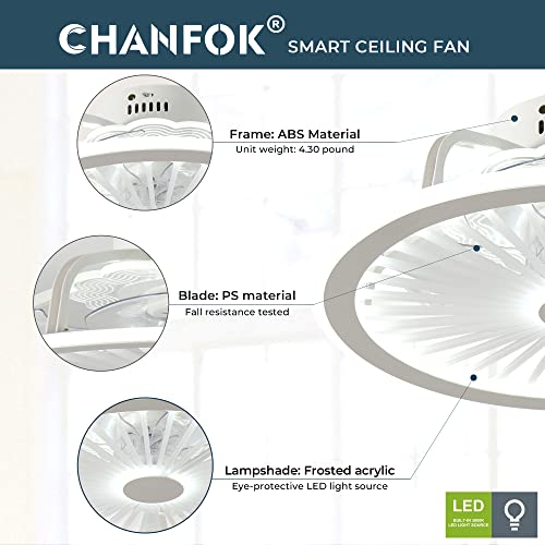 CHANFOK Low Profile Ceiling Fan with Lights, Modern Indoor Flush Mount Ceiling Fan with Remote Control LED Dimming Multi-Speed Invisible Blades Timing 19" (White)