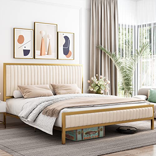 HIFIT Queen Size Bed Frame, Queen Bed Frame with Headboard, Heavy Duty Metal Foundation, Upholstered Bed Frame with Velvet Tufted Headboard, Wood Slat Support, No Box Spring Needed, Gold & Ivory White