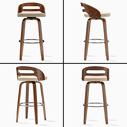 Bar Stools Set of 2, Swivel Bar Height Stools with Walnut Bentwood, Low Back, Upholstered Faux Leather, Soft Cushion Seat, Mid Century Bar Stools for Kitchen/Island/Counter (Beige, 25" Seat Height)