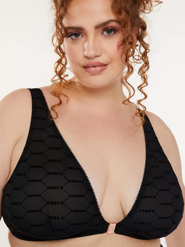 Savage X, Women's, Flocked Logo Bralette, All Gender, Unlined, Rose Gold-Tone Front Closure, Mesh, Wireless, Black Caviar, 3X