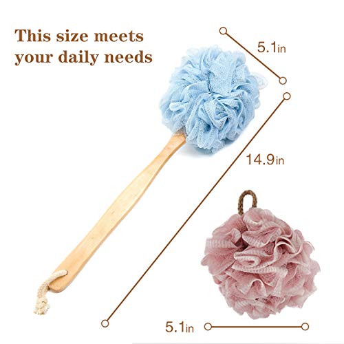 Shower Loofah, Bath Sponge Set Includes 1 Long Handled Back Scrubber & 1 Shower Brush for Women & Men Body, Exfoliating Scrubber Brush for Spa Washing, Blue & Pink