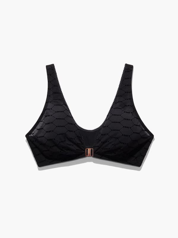 Savage X, Women's, Flocked Logo Bralette, All Gender, Unlined, Rose Gold-Tone Front Closure, Mesh, Wireless, Black Caviar, 3X