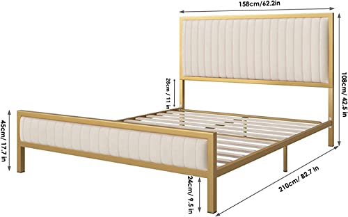 HIFIT Queen Size Bed Frame, Queen Bed Frame with Headboard, Heavy Duty Metal Foundation, Upholstered Bed Frame with Velvet Tufted Headboard, Wood Slat Support, No Box Spring Needed, Gold & Ivory White