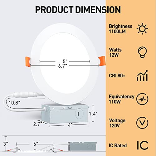 Rollin Light 6 Pack 6 Inch Canless LED Recessed Lighting, 3CCT Switched via Wall Switch, Ultra-Thin 12W 1100LM Dimmable Retrofit Recessed Downlight Wafer Light for Ceiling Soffits