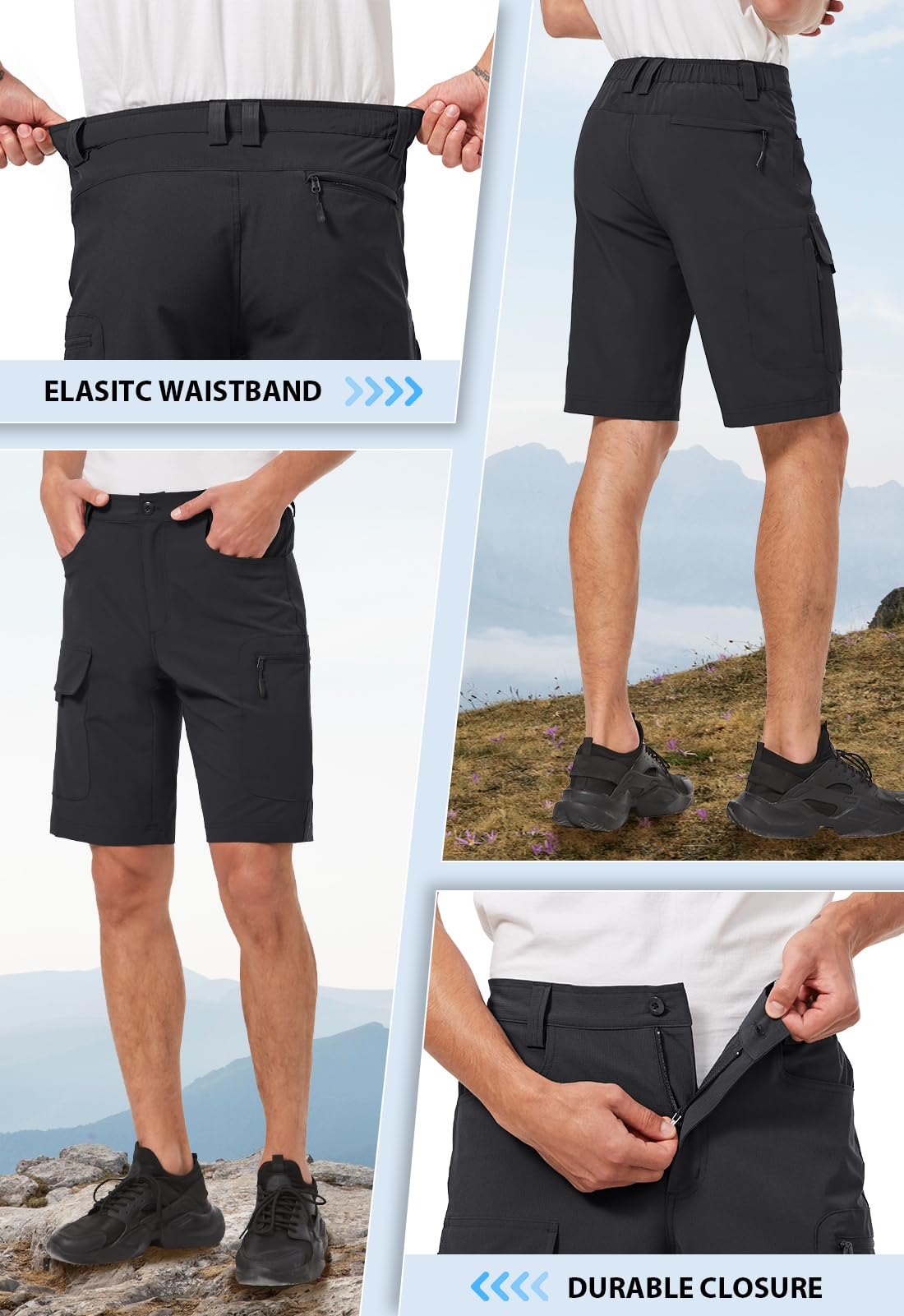 Hiauspor Men's Hiking Cargo Shorts 9"/10" Quick Dry Lightweight Waterproof for Golf Tactical Fishing Casual with 6 Pockets (Black, 38)